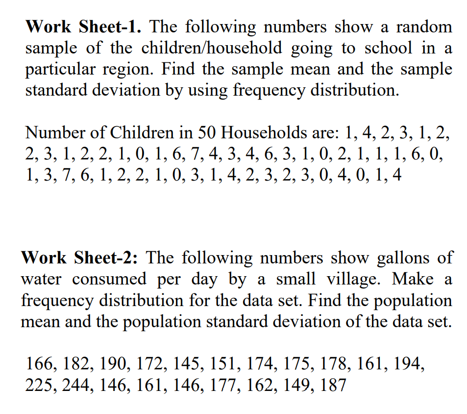 Solved Work Sheet-1. The following numbers show a random | Chegg.com