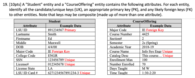 Solved 19. [10pts] A "Student" entity and a "CourseOffering" | Chegg.com