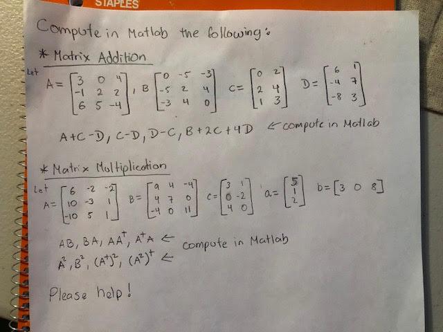 Solved SIAPLES Compute in in Matlab the following: * Matrix | Chegg.com