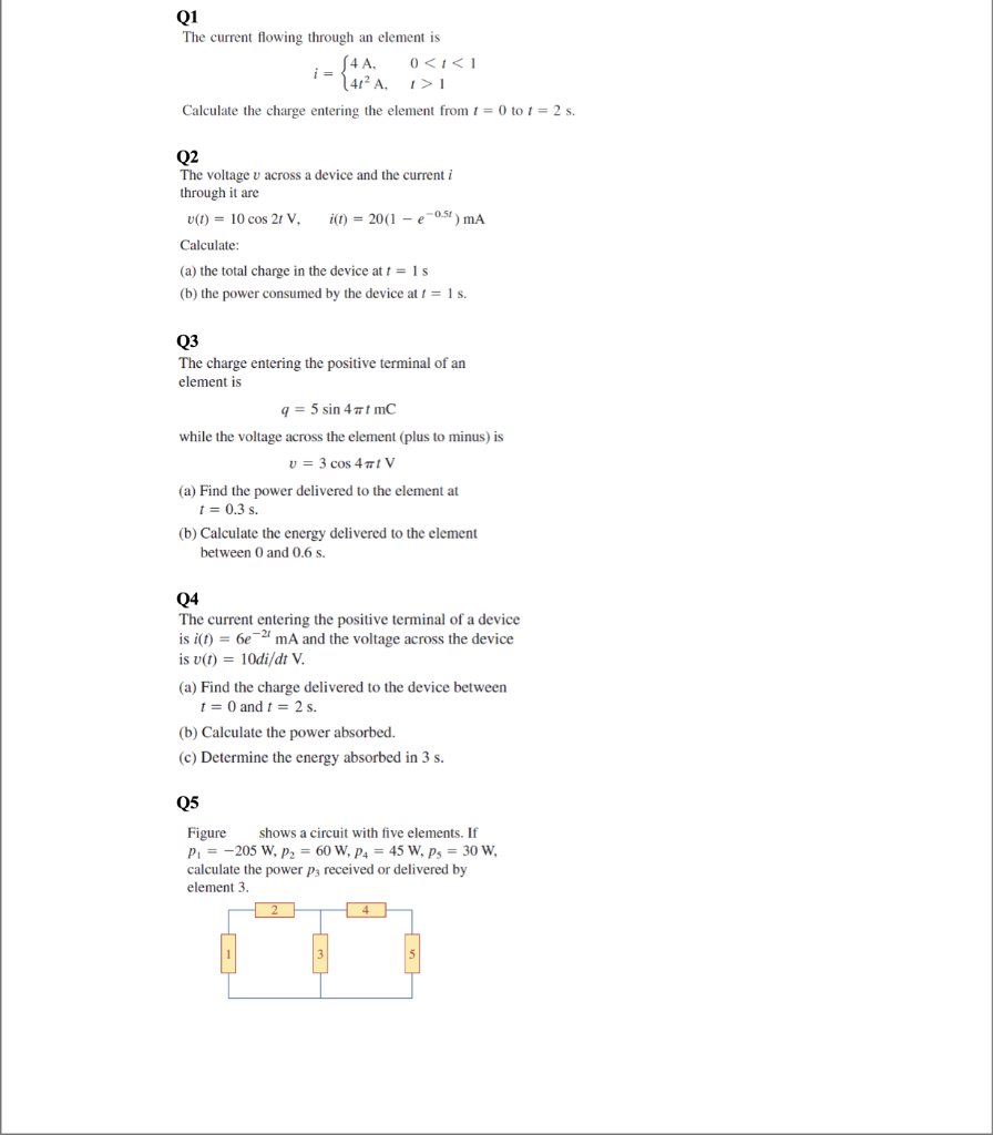 Solved Q1 The current flowing through an element is S4A, 0 | Chegg.com