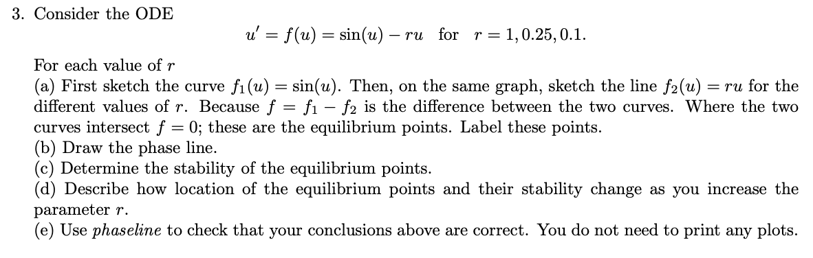 Solved 3. Consider the ODE u′=f(u)=sin(u)−ru for | Chegg.com