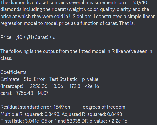 Solved The diamonds dataset contains several measurements on | Chegg.com