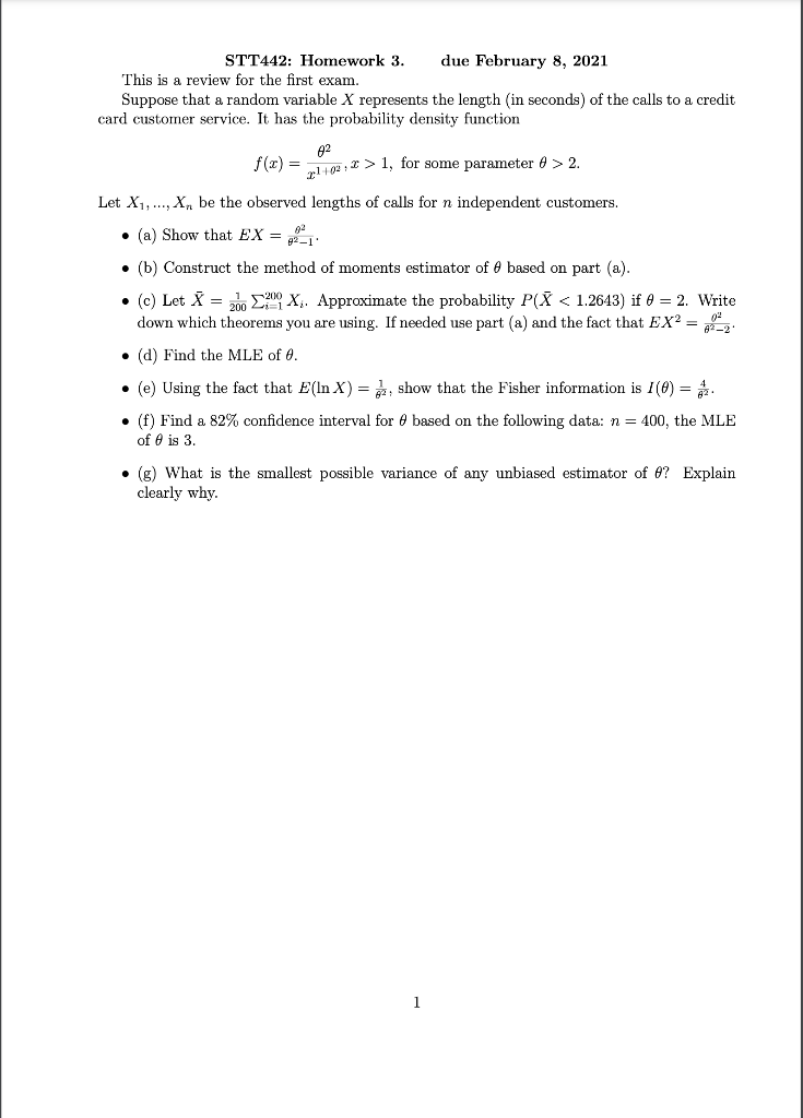 Solved STT442: Homework 3. due February 8, 2021 This is a | Chegg.com