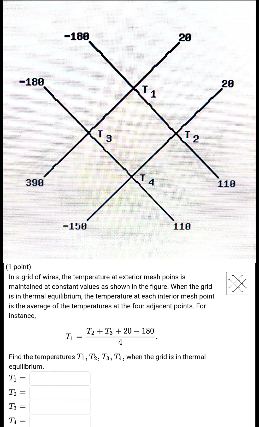 Solved (1 ﻿point)In a grid of wires, the temperature at | Chegg.com