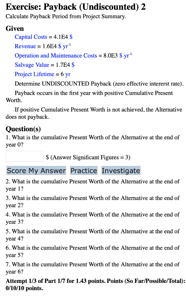 Solved Exercise: Payback (Undiscounted) 2 Calculate Payback | Chegg.com