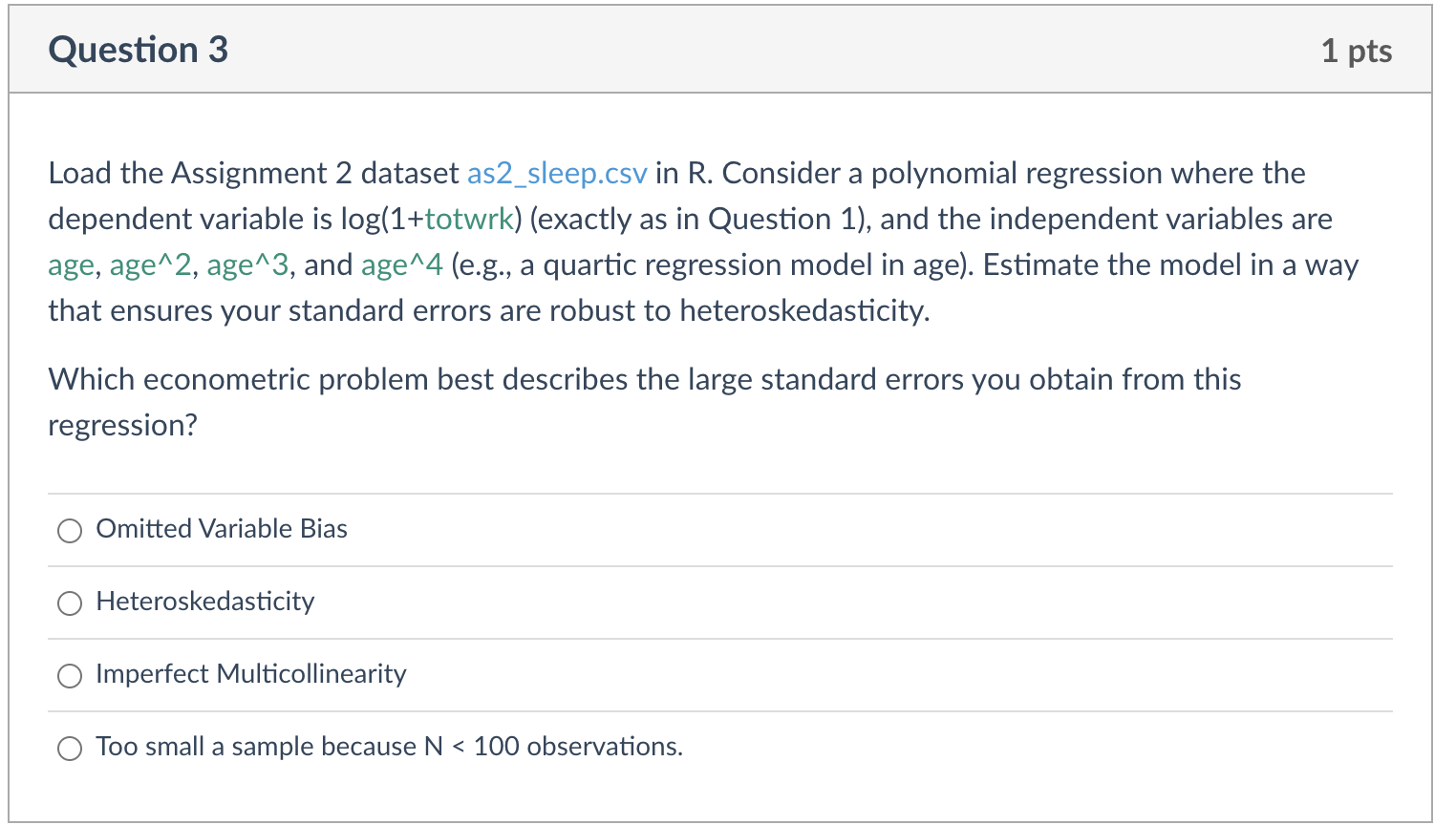 Solved Load the Assignment 2 dataset as2_sleep.csv in R. | Chegg.com