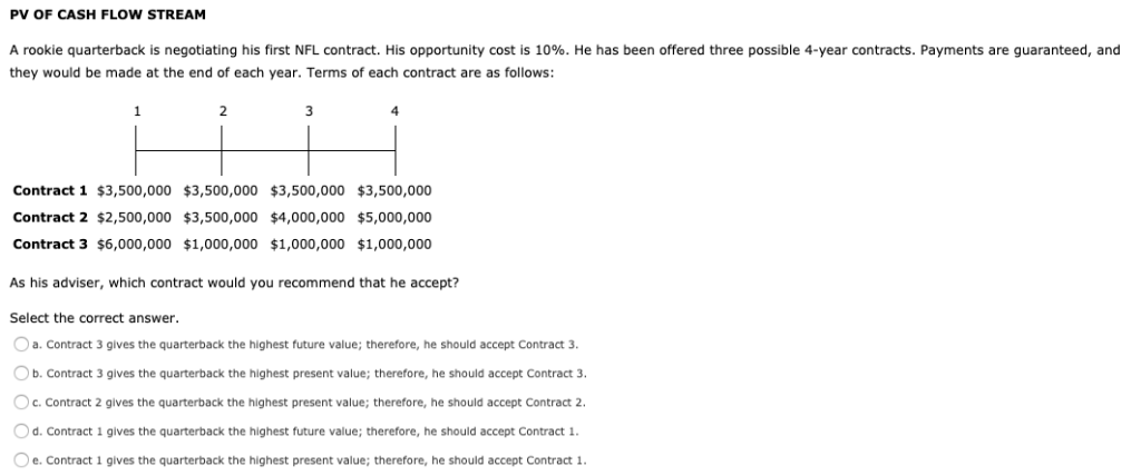 Solved PV OF CASH FLOW STREAM A rookie quarterback is | Chegg.com