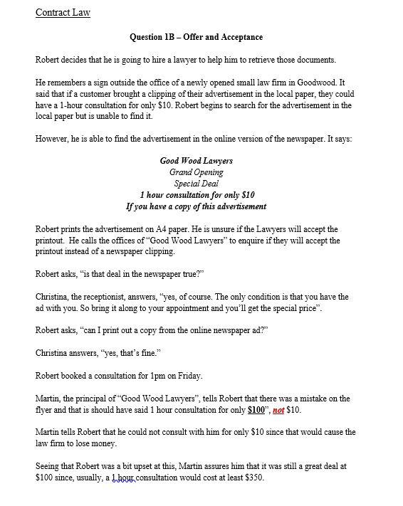 Contract Law Question 1B - Offer and Acceptance | Chegg.com