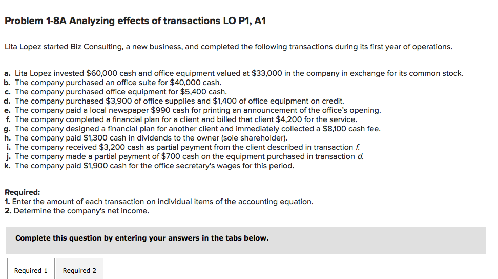 Solved Problem 1-8A Analyzing effects of transactions LO P1, | Chegg.com