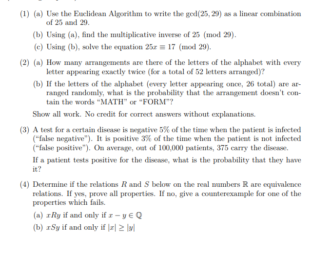 Solved (1) (a) Use the Euclidean Algorithm to write the | Chegg.com