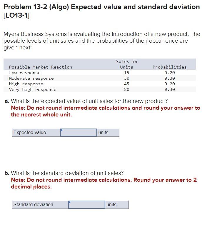 Solved Problem 13-2 (Algo) Expected value and standard | Chegg.com