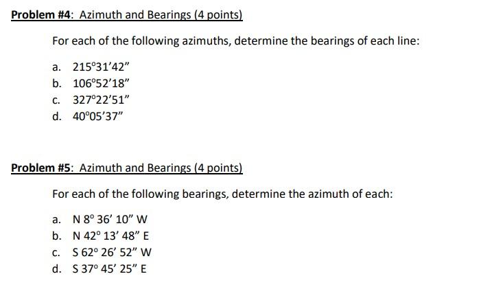 Solved Problem #4: Azimuth and Bearings (4 points) For each | Chegg.com