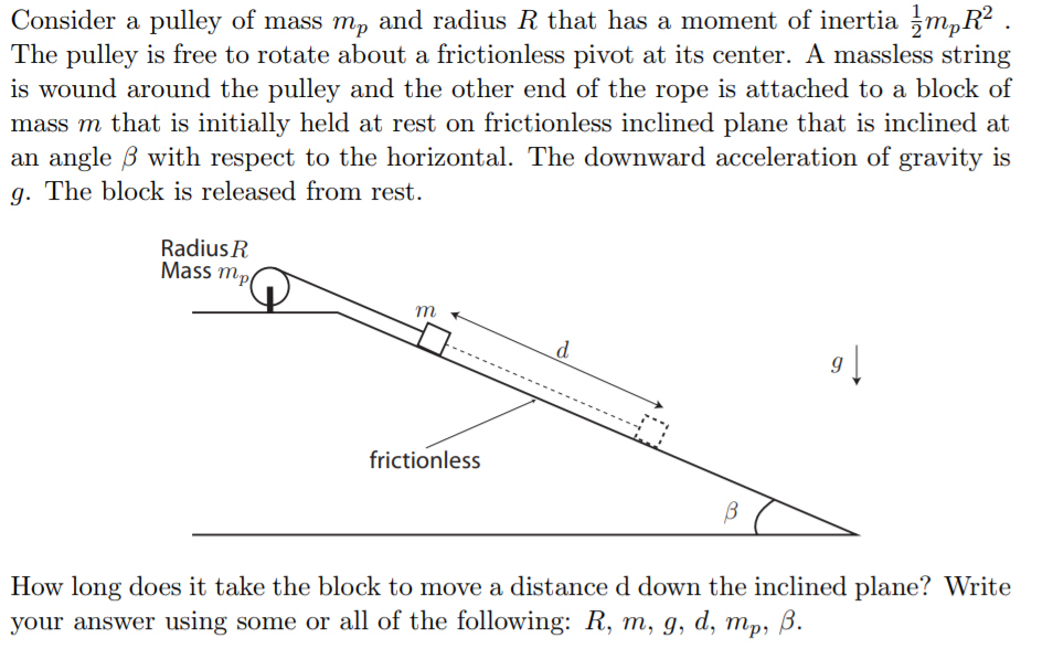 Solved Consider a pulley of mass mp and radius R that has a | Chegg.com