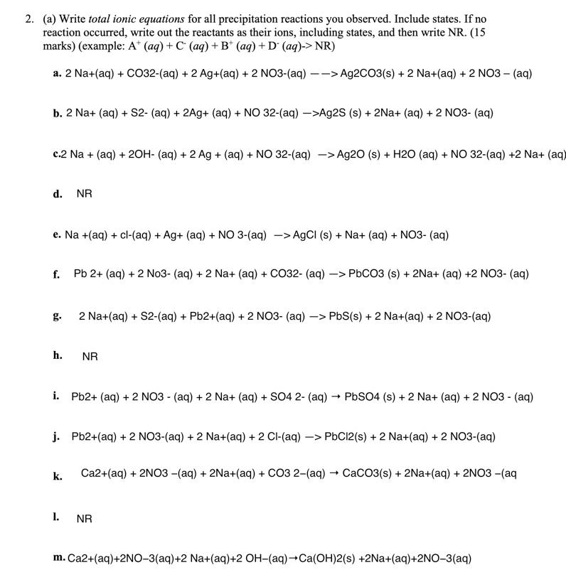 Solved (b) Write net ionic equations for all precipitation | Chegg.com