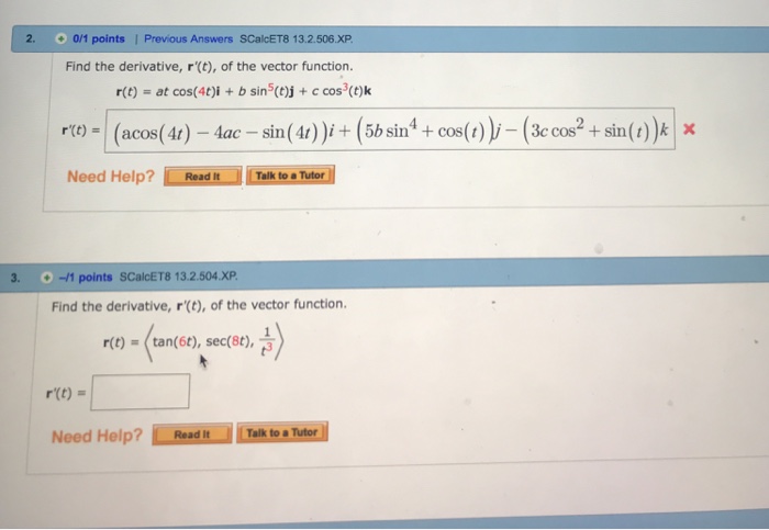 Solved 2. 0/1 points I Previous Answers SCalcET8 13.2.506.XP | Chegg.com | Chegg.com
