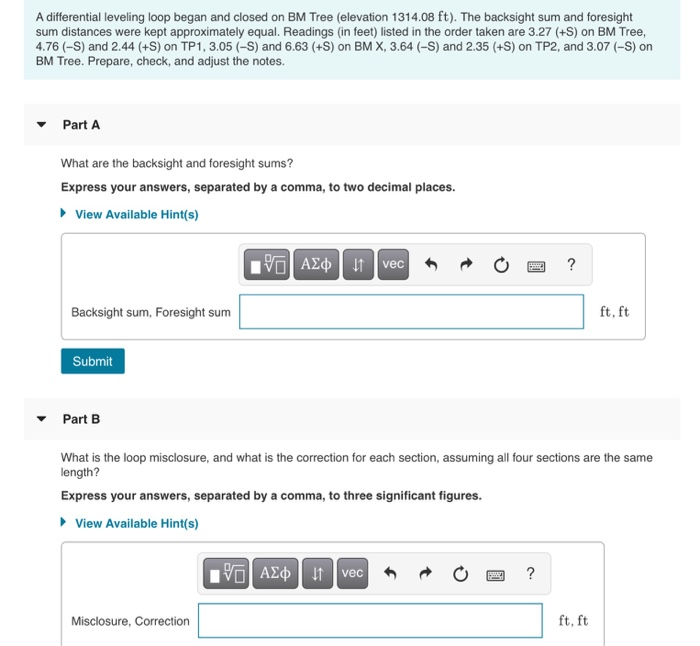 Solved A differential leveling loop began and closed on BM | Chegg.com