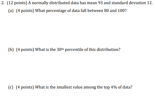 2. (12 points) A normally distributed data has mean | Chegg.com
