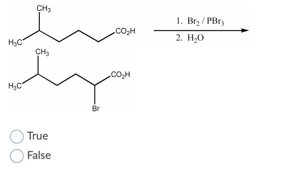 Solved CH3 1. Br2 / PBrz CO2H 2. H2O H3C CH3 CO2H H3C Br | Chegg.com