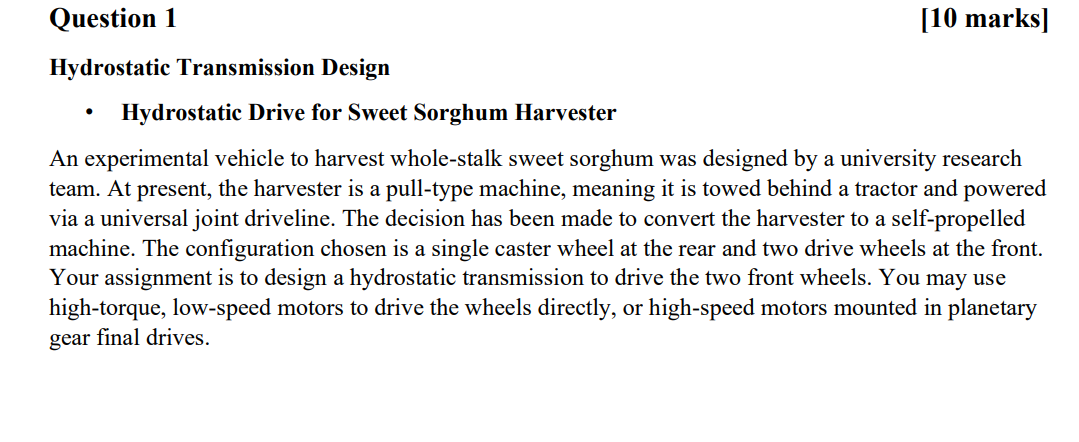 Solved Hydrostatic Transmission Design - Hydrostatic Drive | Chegg.com