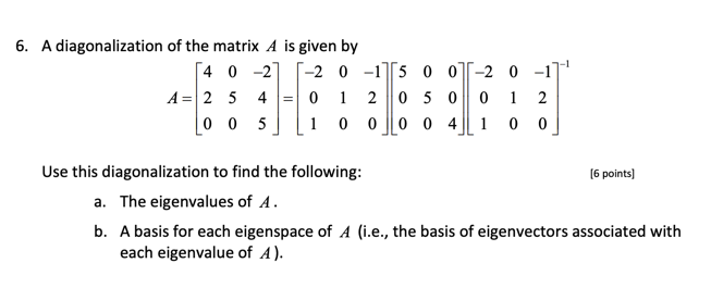 Solved 6. A diagonalization of the matrix A is given by 4 0 | Chegg.com