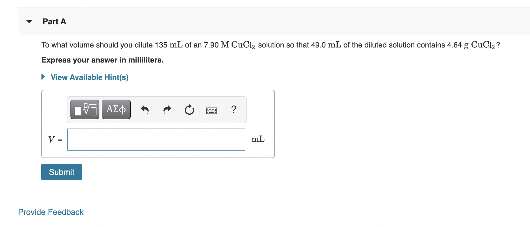 Solved Part A To what volume should you dilute 135 mL of an | Chegg.com