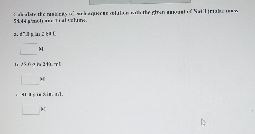 Solved Calculate the molarity of each aqueous solution with | Chegg.com