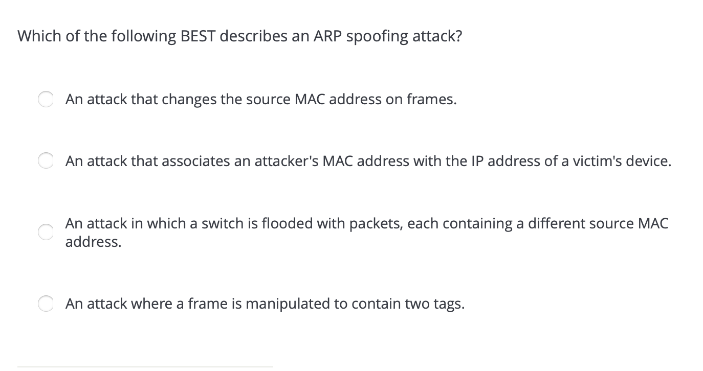 Solved Which of the following BEST describes an ARP spoofing | Chegg.com