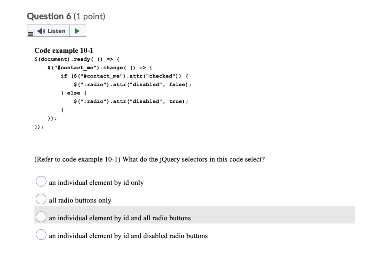 Solved Question 10 (1 point) 1) Listen Code example 10-1 | Chegg.com