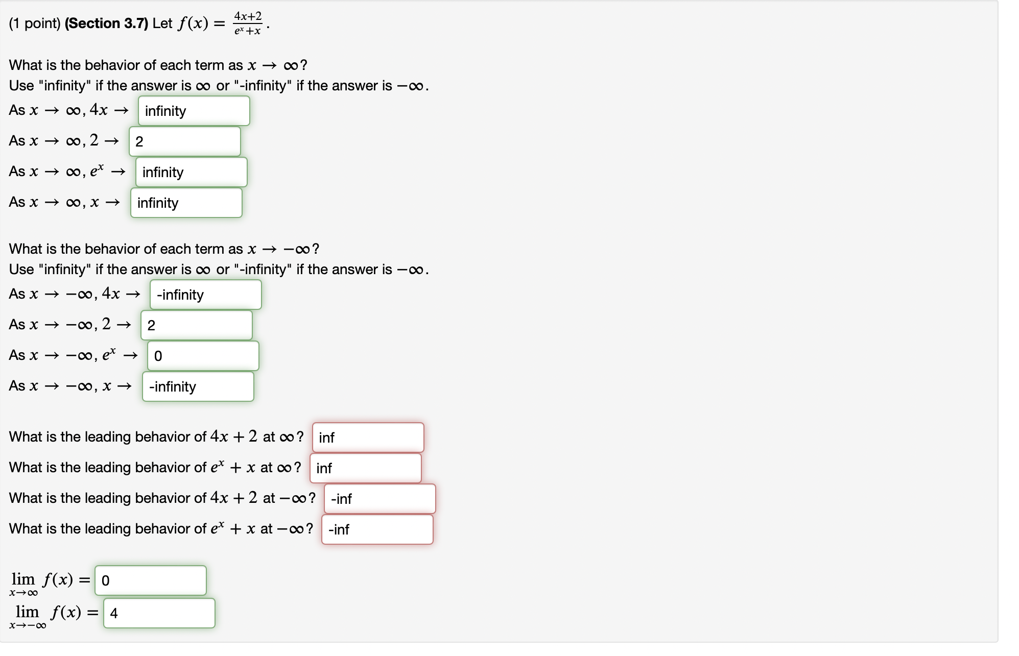 Solved (1 point) (Section 3.7) Let f(x)=ex+x4x+2. What is | Chegg.com