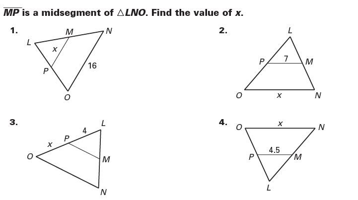 Solved MP is a midsegment of ALNO. Find the value of x. 1. M | Chegg.com