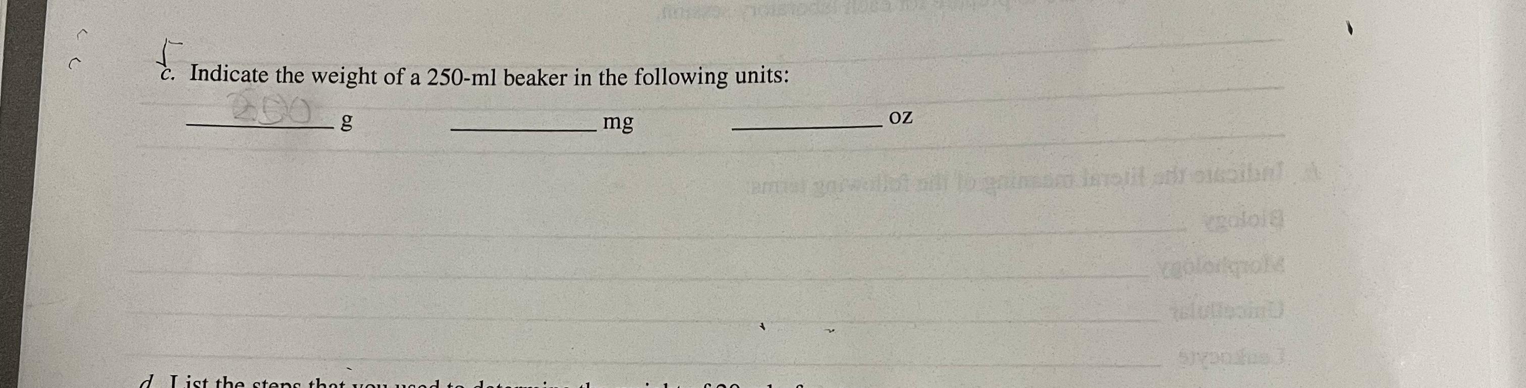 c. Indicate the weight of a 250−ml beaker in the | Chegg.com