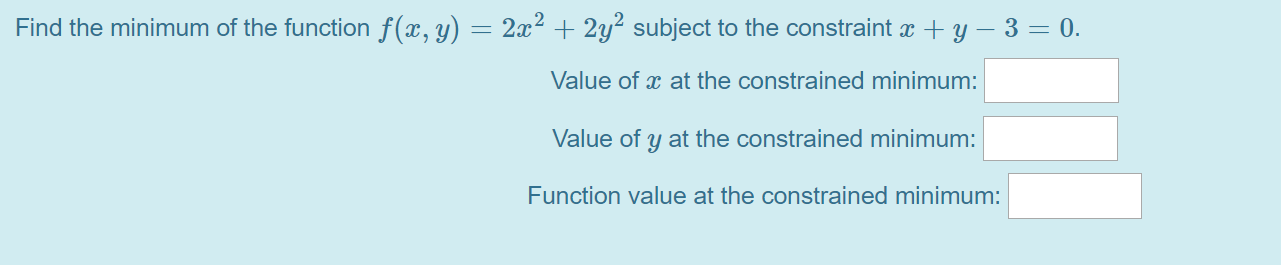 Solved Find the minimum of the function f(x, y) = 2x2 + 2y2 | Chegg.com