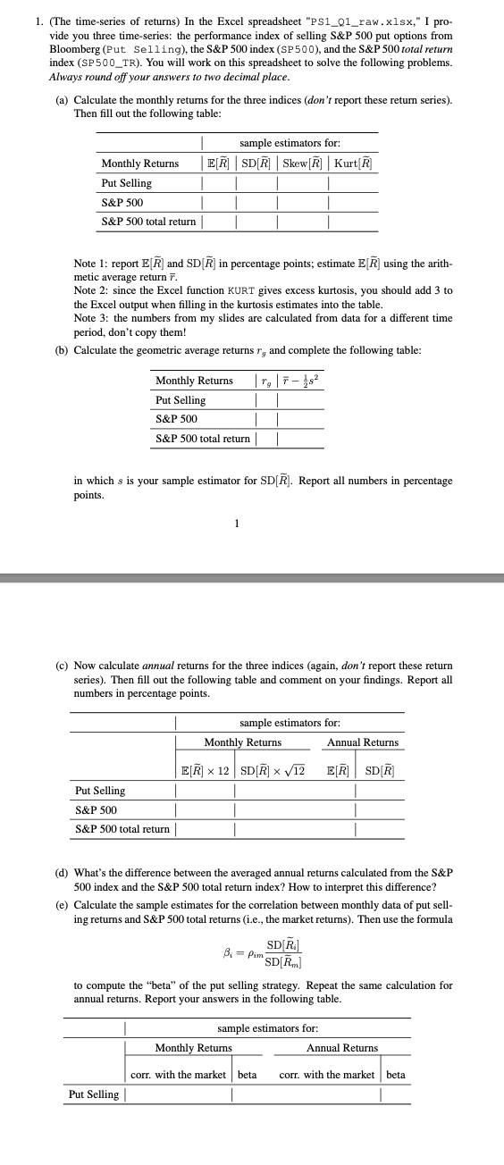 1. (The time-series of returns) In the Excel | Chegg.com