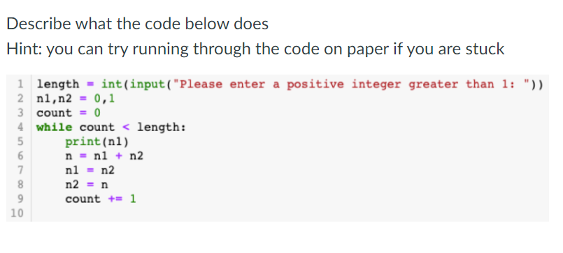 Solved Describe what the code below does Hint: you can try | Chegg.com