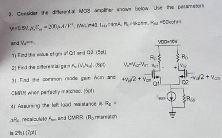 Solved Consider the differential MOS amplifier shown below. | Chegg.com
