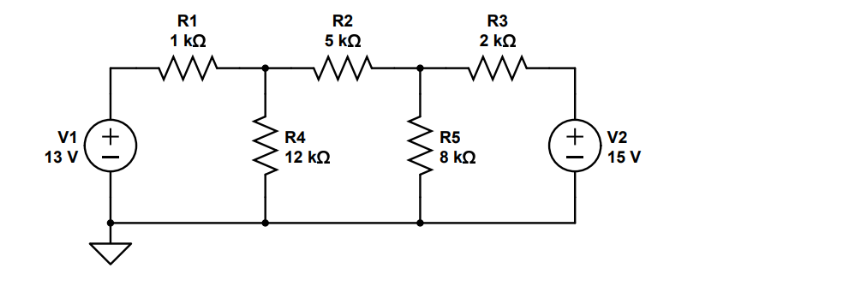 Solved R1 1 ΚΩ R2 5 ΚΩ w R3 2 ΚΩ ΛΑ w V1+ 13V ΛΜ R4 12 ΚΩ R5 | Chegg.com