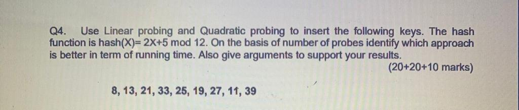 Solved Q4. Use Linear probing and Quadratic probing to | Chegg.com