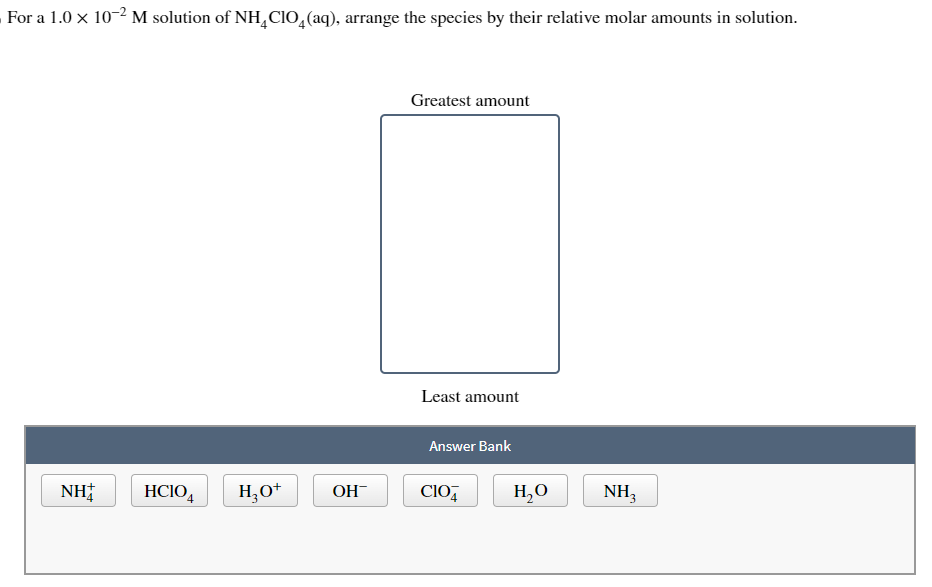 Solved For a 1.0×10−2M solution of NH4ClO4(aq), arrange the | Chegg.com
