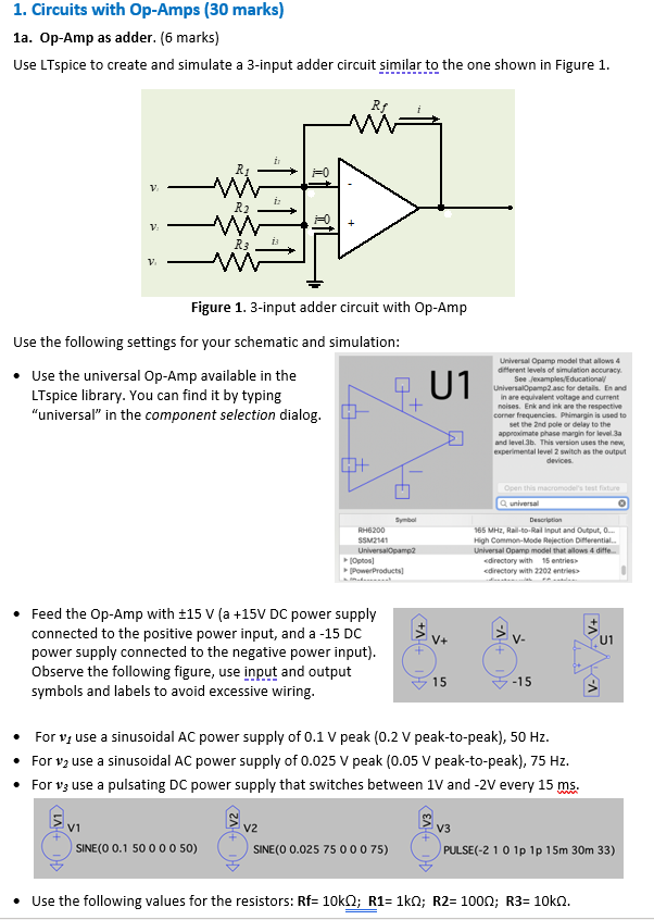 Solved 1a. Op-Amp as adder. (6 marks) Use LTspice to create | Chegg.com