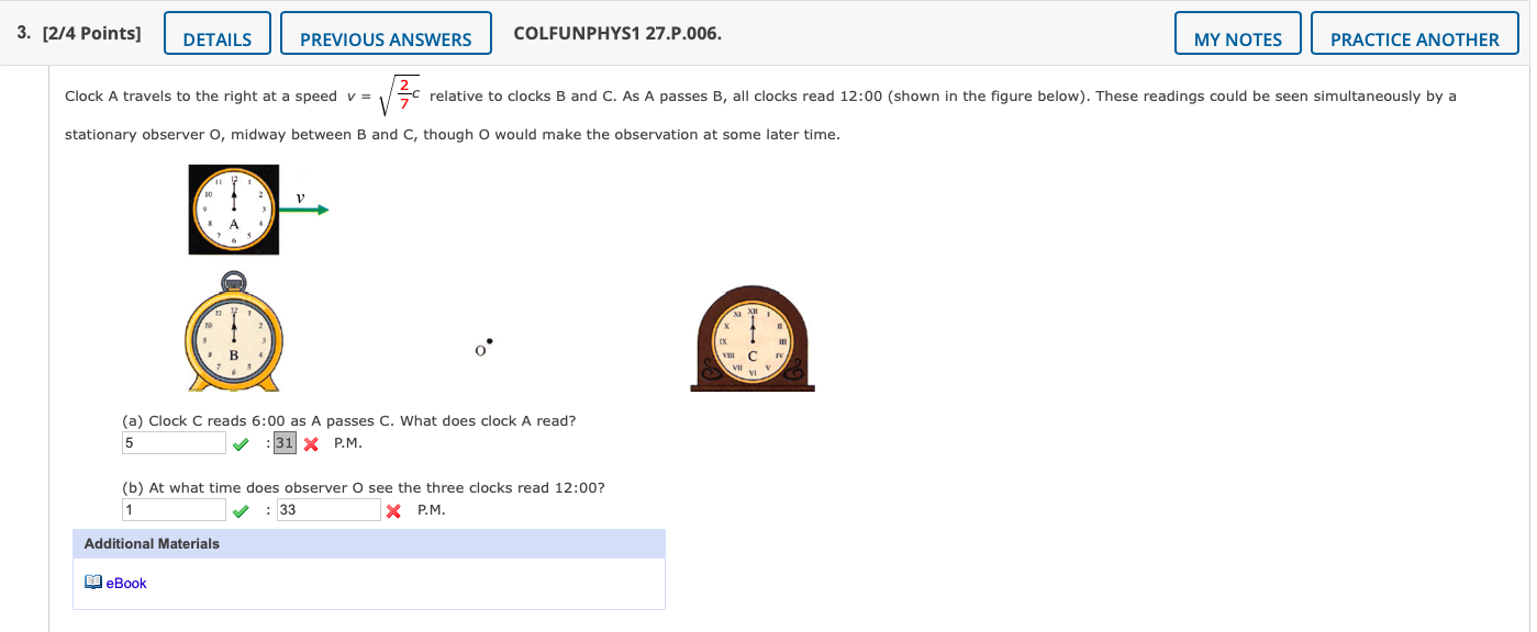Solved /4 Points] COLFUNPHYS1 27.P.006. Clock A travels to | Chegg.com