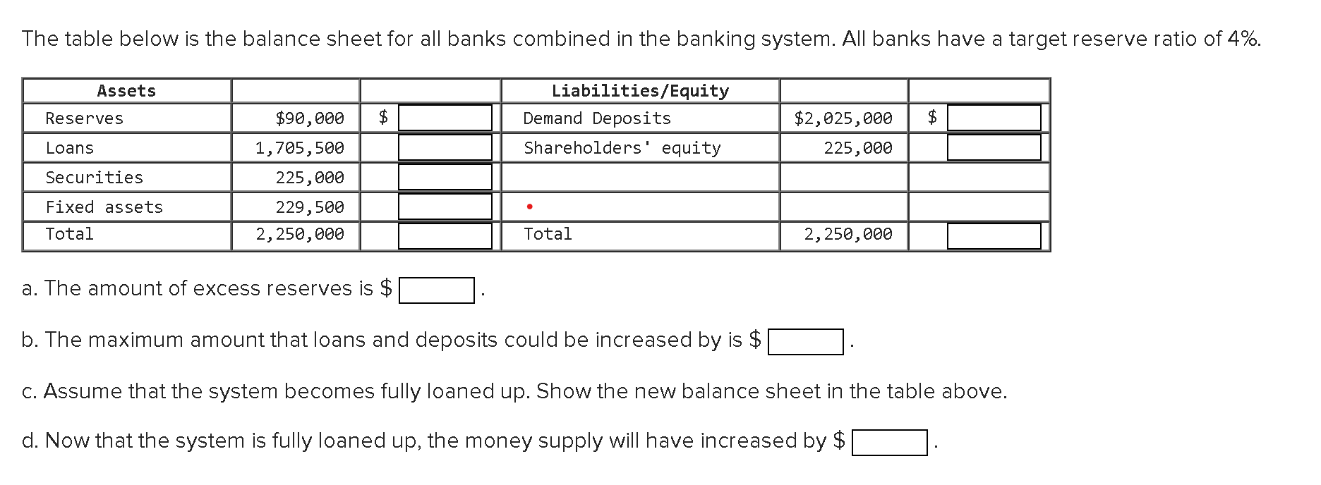 Solved The table below is the balance sheet for all banks | Chegg.com