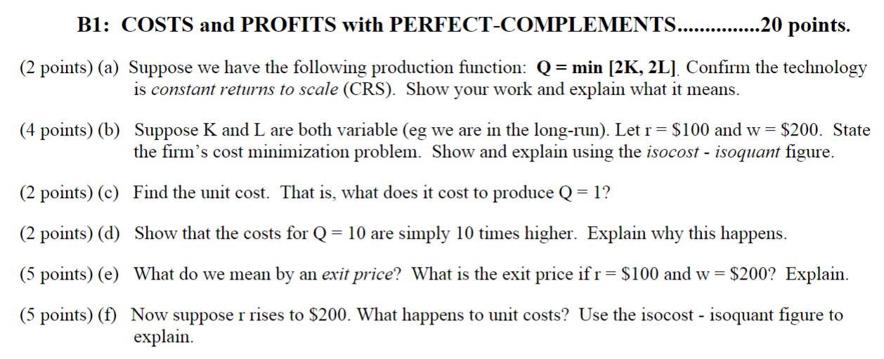 Solved B1: COSTS and PROFITS with PERFECT-COMPLEMENTS. .20 | Chegg.com