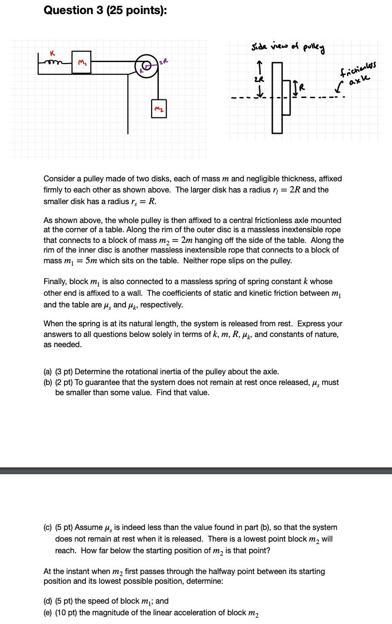 Solved Question 3 (25 points): Side view of pulley к M 2 | Chegg.com