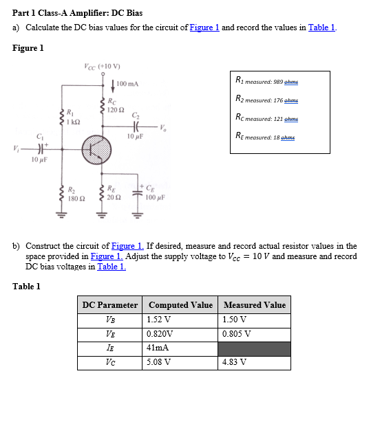 Part 1 Class A Amplifier Dc Bias A Calculate The Dc