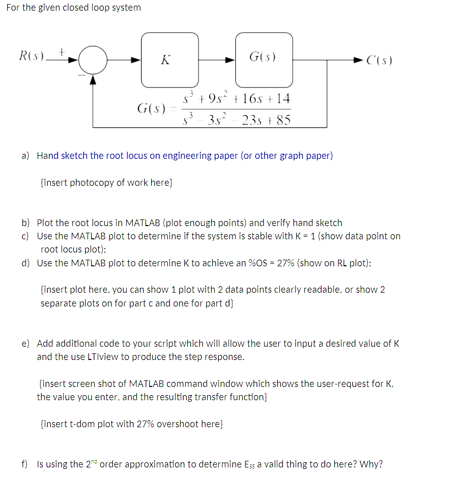 Solved For the given closed loop system R(S) K G(S) C(s) | Chegg.com