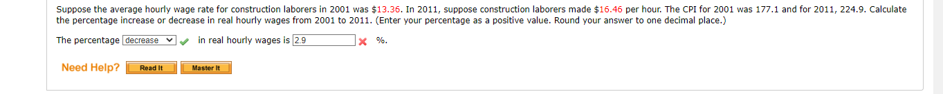 Solved the percentage increase or decrease in real hourly | Chegg.com