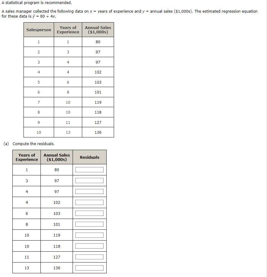 Solved A statistical program is recommended. A sales manager | Chegg.com
