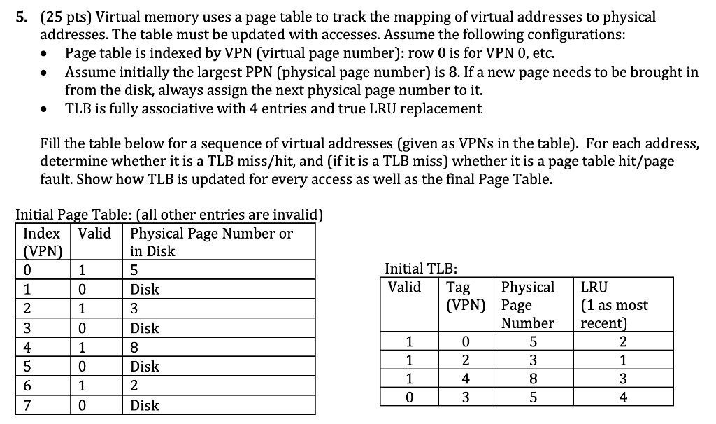 Solved 5. (25 pts) Virtual memory uses a page table to track | Chegg.com