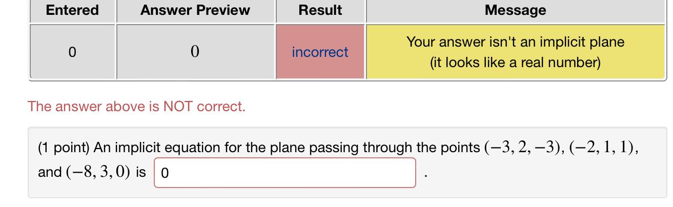 Solved (1 point) An implicit equation for the plane passing | Chegg.com