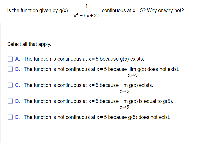 Solved Is the function given by g(x)=x2−9x+201 continuous at | Chegg.com